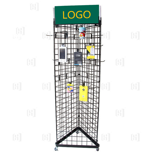 3 Sided Triangle Wire Grid Supermarket Display Racks With Logo And Casters